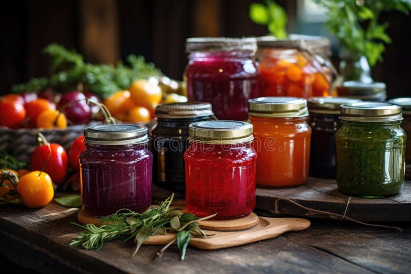 Jars of Colorful Homemade Chutneys on a Rustic Table Stock Illustration ...