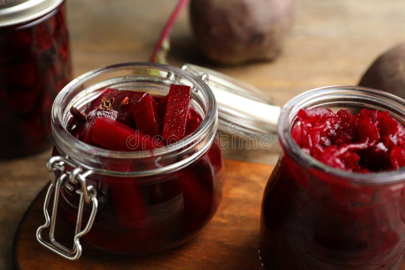 Jars with Delicious Pickled Beets on Board, Closeup Stock Image - Image ...