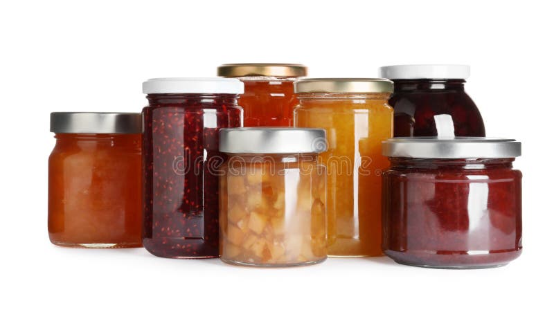 Jars with Different Jams on White Background Stock Photo - Image of ...
