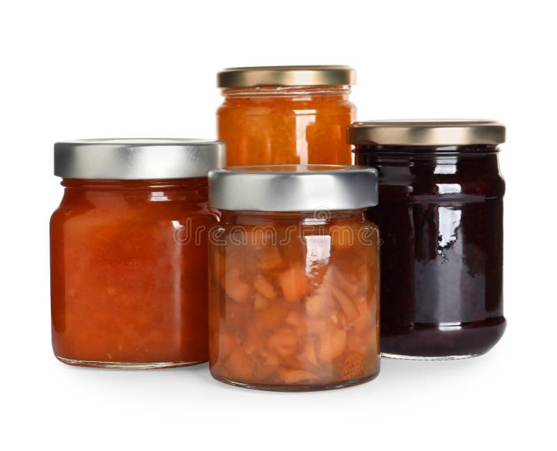 Jars with Different Jams on White Background Stock Photo - Image of ...