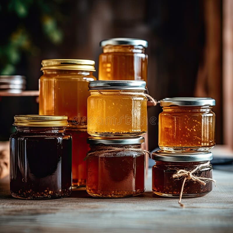Jars Full with Different Types of Pure, Raw, Fresh Honey. Glass ...