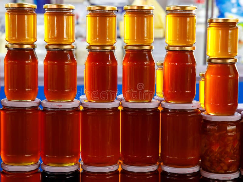 Jars Full with Different Types of Pure, Raw, Fresh Honey. Many Glass ...