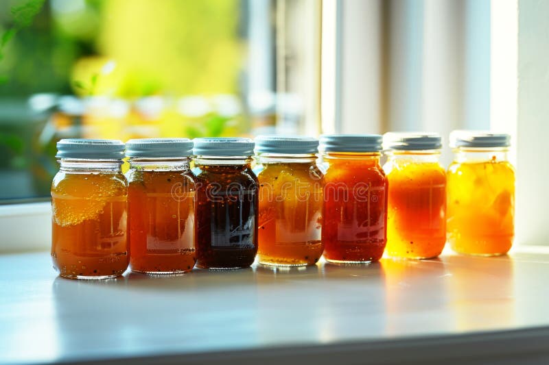 Jars of Homemade Peach, Plumps and Berries Jam on Window Sill Stock ...