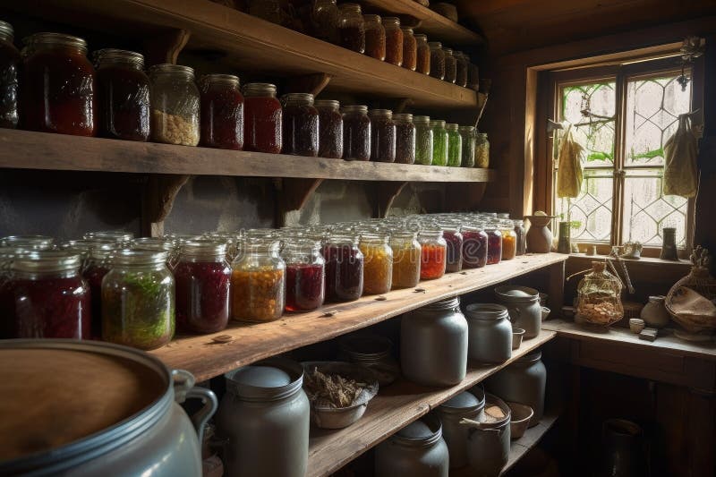 Jars of Homemade Preserves Lining the Shelves of a Rustic Country ...