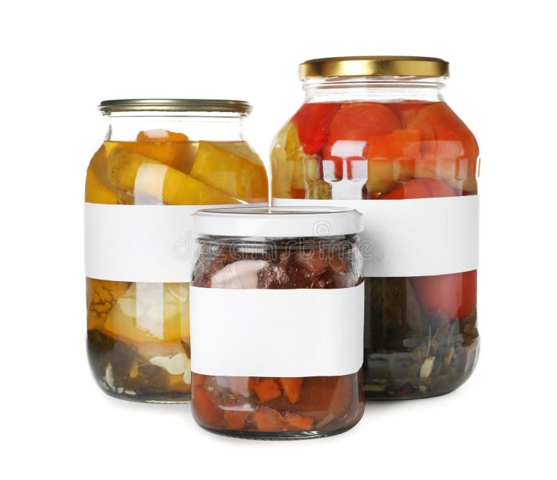 Jars of Pickled Vegetables with Blank Labels on White Background Stock ...