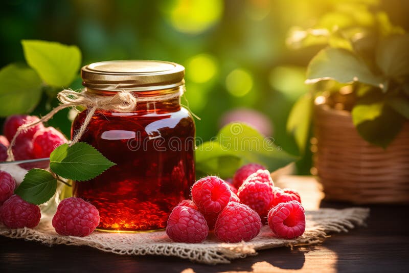 Jars of Raspberry Jam with Fresh Raspberry in Outdoor Sunlight in ...