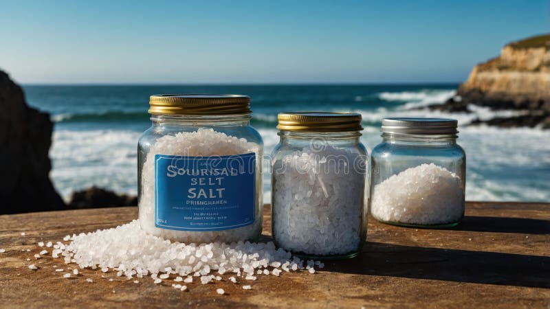 Sea Salt in Glass Jars on Wooden Table by Ocean Stock Illustration ...