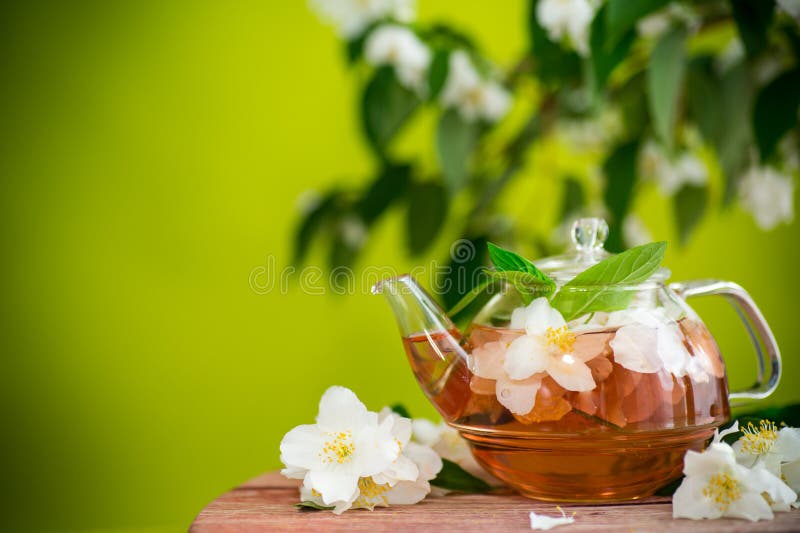 Jasmine Flower Tea in a Glass Teapot Stock Photo - Image of comfort ...