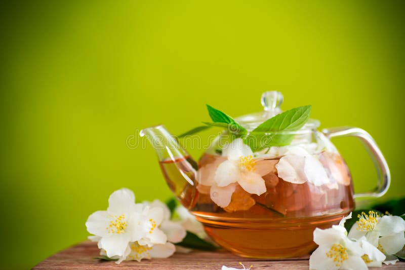 Jasmine Flower Tea in a Glass Teapot Stock Photo - Image of ...