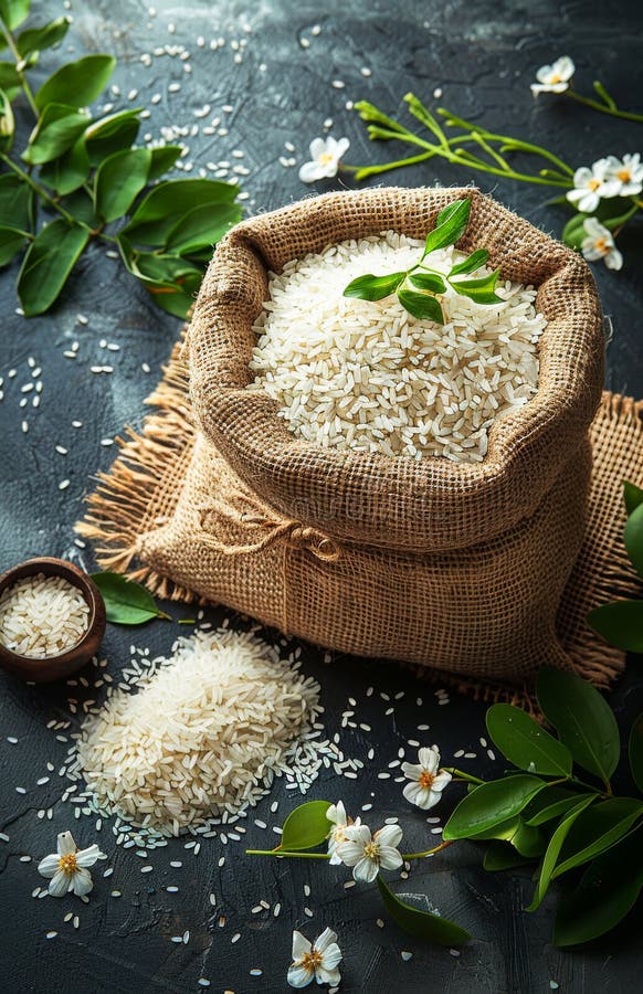 Jasmine Rice in Sack on Dark Background Top View Stock Photo - Image of ...