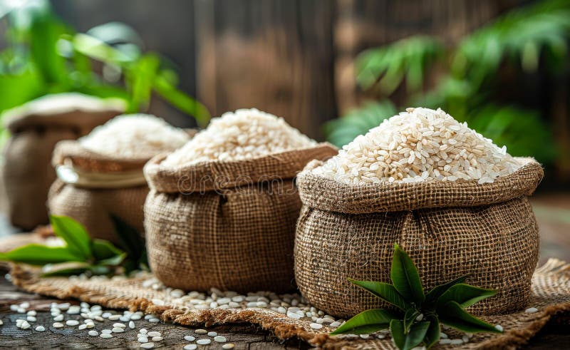 Jasmine Rice or Uncooked Rice with the Rice Plant and Jasmine Flowers ...