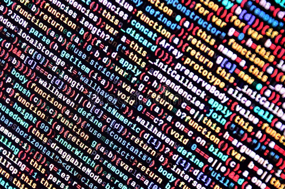 JavaScript Code in Text Editor. Coding Cyberspace Concept. Screen of Web Developing Code Stock ...