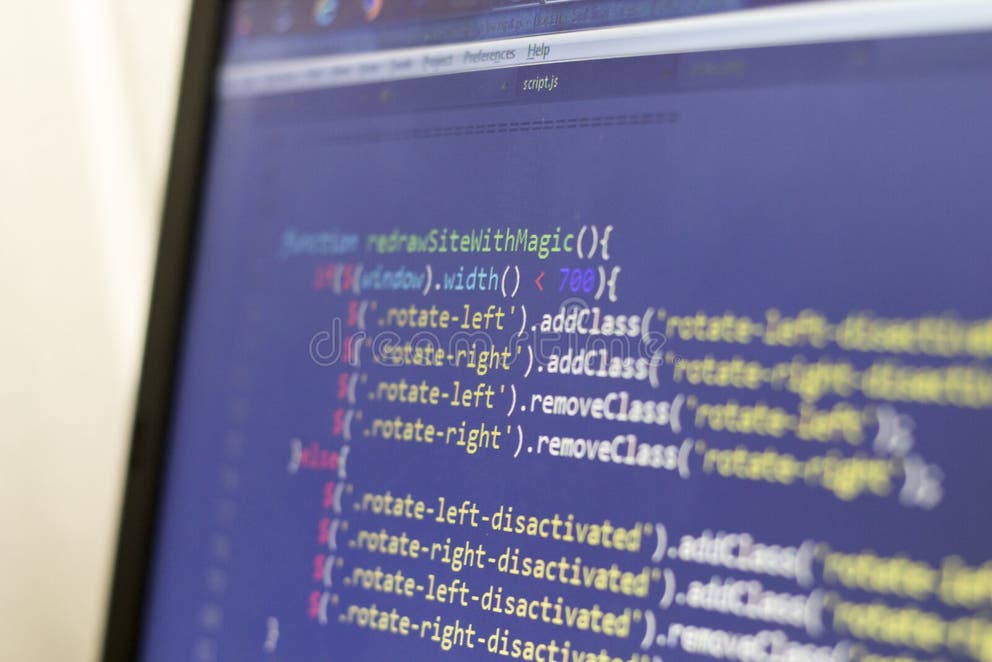 Javascript and HTML Front-end Source Code. Laptop Screen Layout of Web ...