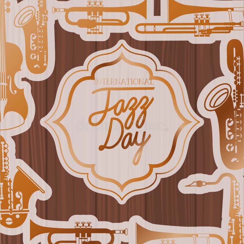 Jazz Day Frame with Instruments and Wooden Background Stock Vector ...