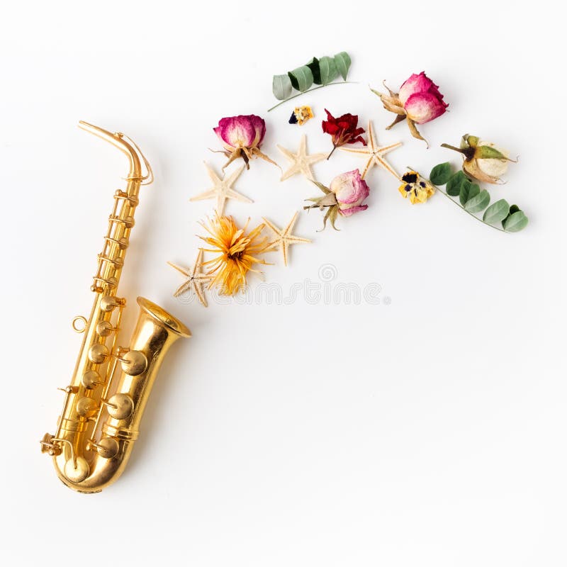 Jazz Day. Saxophone with Flowers. Flat Lay, Top View Stock Image ...