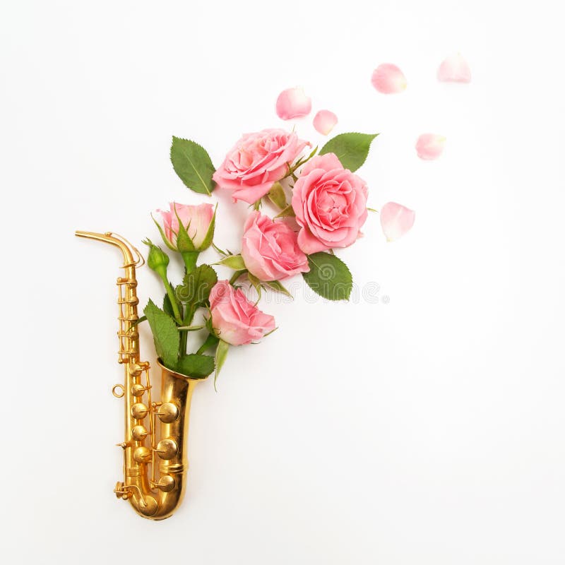 Jazz Day. Saxophone with Flowers. Flat Lay, Top View Stock Image ...