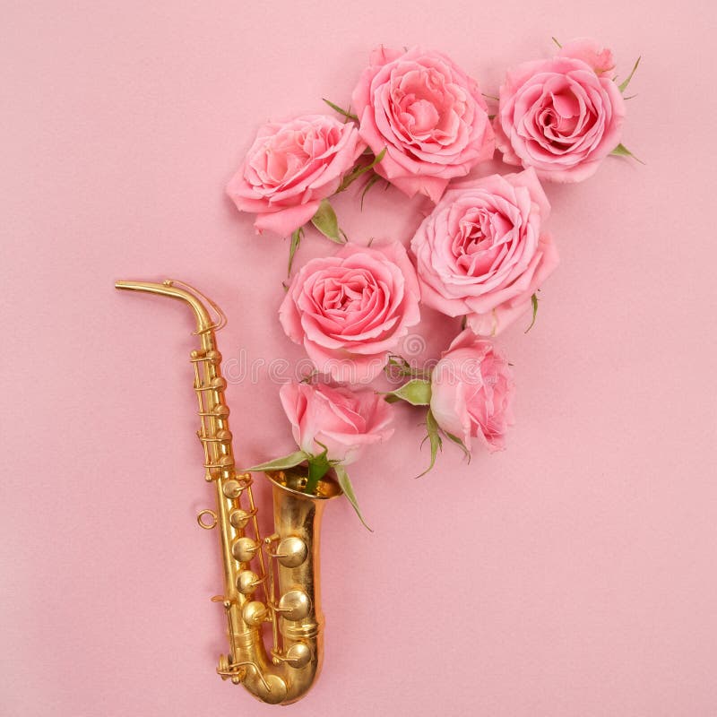 Jazz Day. Saxophone with Flowers. Flat Lay, Top View Stock Image ...