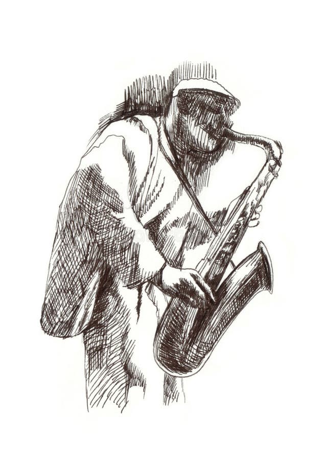 Freehanding Drawing of a Jazz Saxophonist Stock Illustration ...