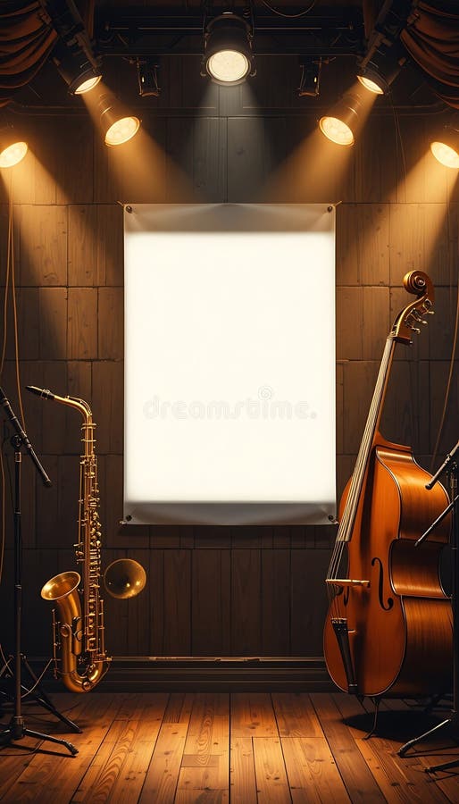 Jazz Stage with Instruments and Empty Banner, Ready for Your Message ...