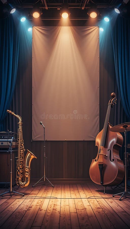 Jazz Stage Setup with Saxophone Cello and Empty Billboard Background ...