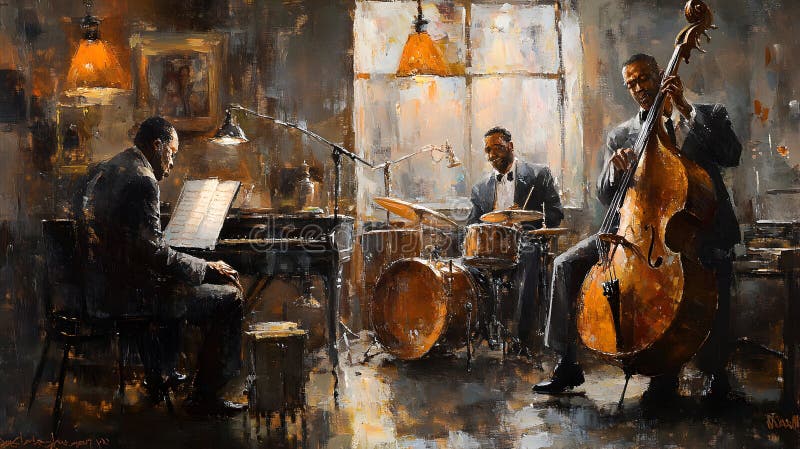 A Jazz Trio Performing in a Cozy, Atmospheric Setting with Warm Lighting Stock Illustration ...