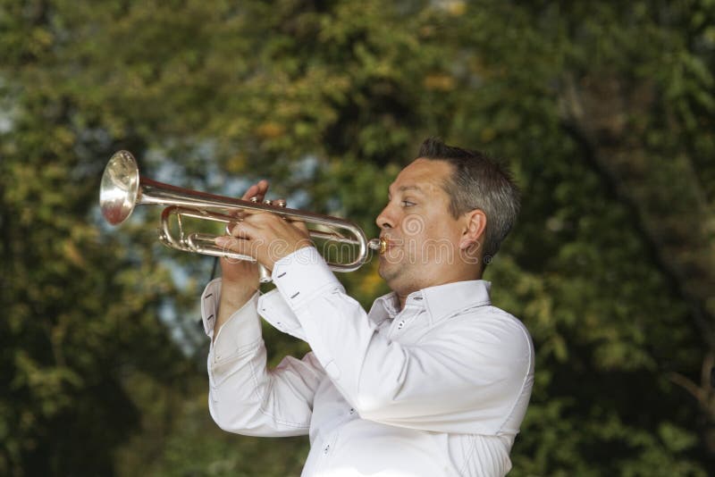 Der Trompeter Auf Einem Gras Stockbild - Bild von ausführen, instrument ...