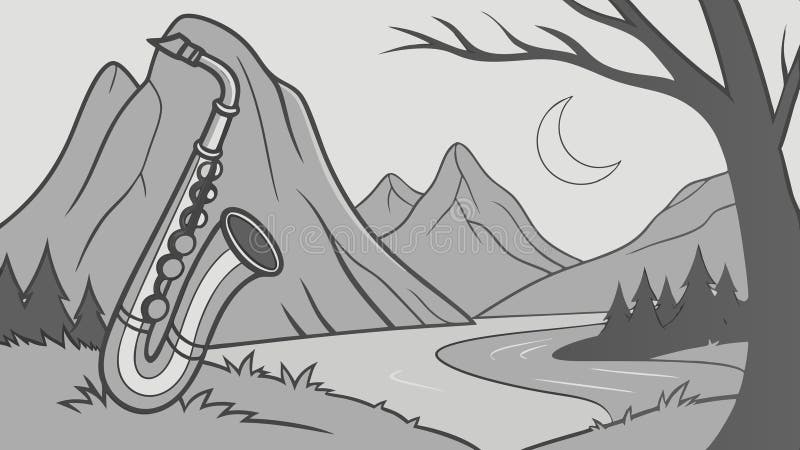 Jazzy Saxophone with Mountains and Musical Notes in Style, Vector ...