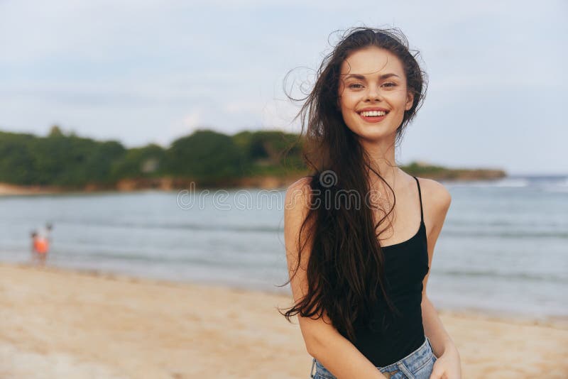 Woman Vacation Smile Summer Sunset Sea Enjoyment Sand Ocean Lifestyle