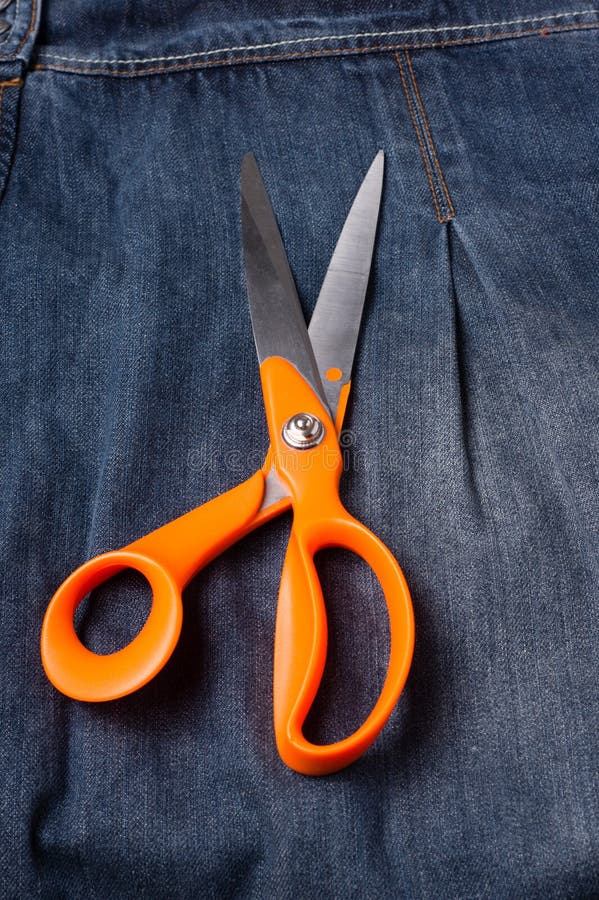 Jeans Close-up, Seams, Scissors. Interlacing the Fabric with a Stock ...