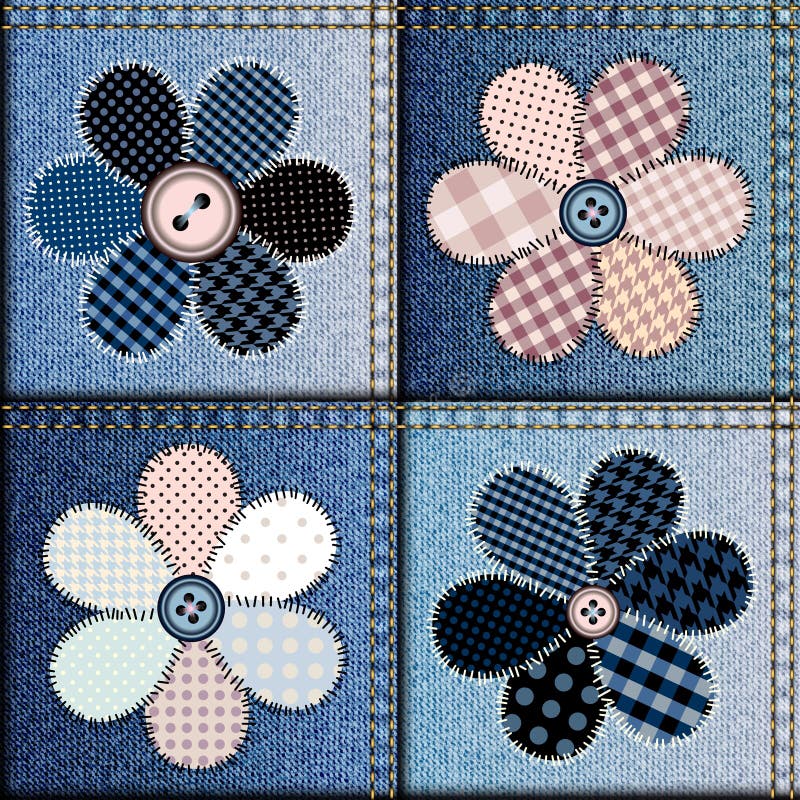 Jeans Patchwork with Applique of Flowers Stock Vector - Illustration of ...