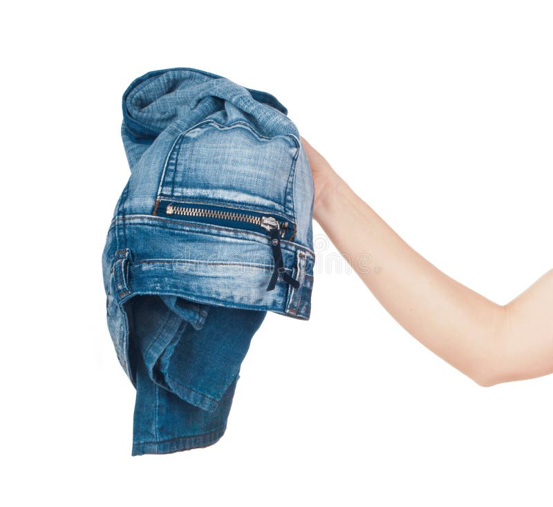 Jeans in Woman Hand Isolated on White Stock Image - Image of isolated ...