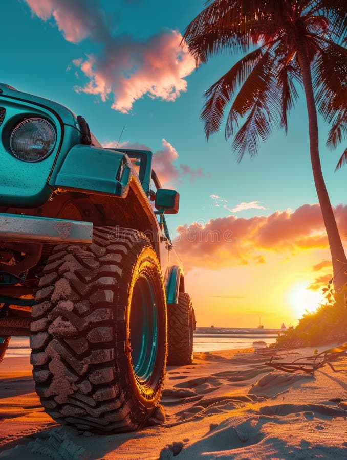 Jeep on Beach at Sunset stock image. Image of evening - 374972349