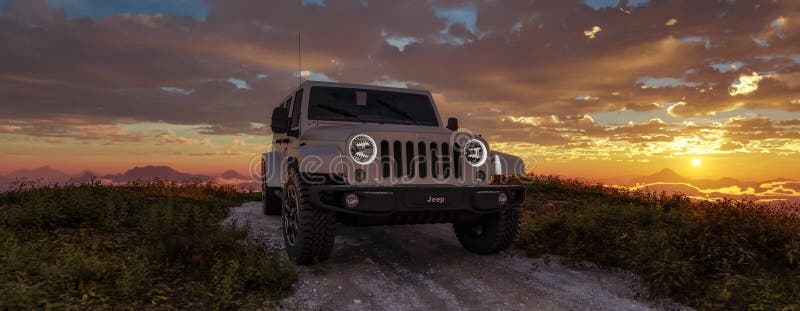 Jeep on Dirt Road with Mountain Landscape in Background. 3d Rendering ...