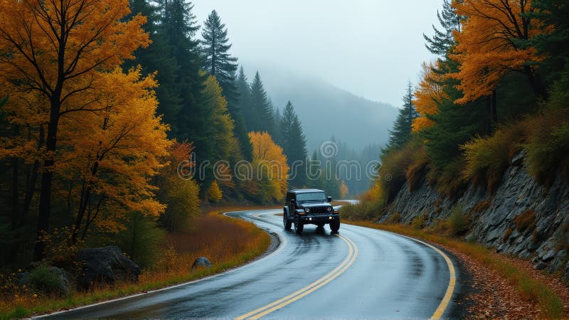 Jeep Driving through Autumn Forest on a Rainy Day Stock Illustration ...