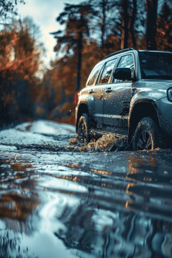 Jeep Driving through Water Puddle Stock Image - Image of generated ...