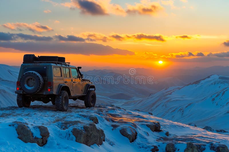 A Jeep Parked on Top of a Snow Covered Mountain at Sunset Stock Image ...