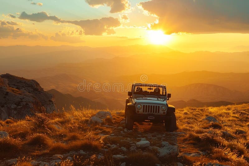 Jeeping in the Mountains Sunset Light Stock Illustration - Illustration ...
