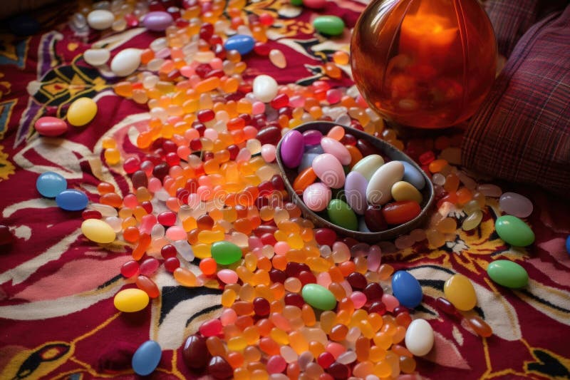 Jelly Beans Spread Out on a Patterned Bedspread Stock Photo - Image of ...