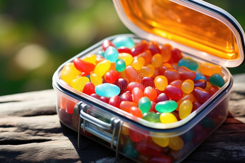 Jelly Beans Stored in a Small Plastic Container Inside a Lunchbox Stock ...