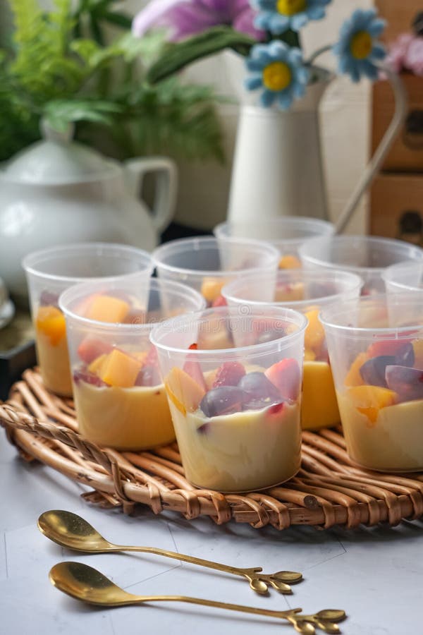 Jelly Custard Pudding with Fresh Fruits Stock Photo - Image of assorted ...