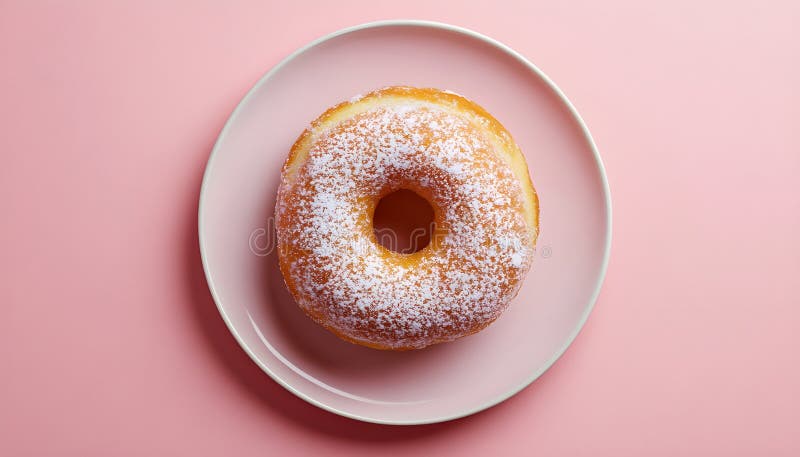 Jelly Filled Donut with Powdered Sugar on a Ceramic Plate. Top View ...