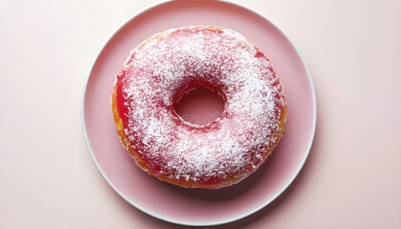 Jelly Filled Donut with Powdered Sugar on a Ceramic Plate. Top View ...