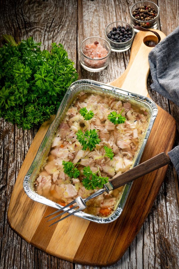 Jelly with Shredded Chicken Meat in a Mold Stock Photo - Image of ...