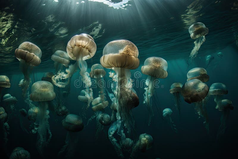 A Jellyfish Drifting among a School of Fish Stock Illustration ...