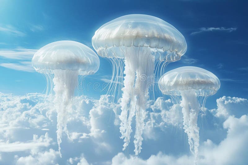Jellyfish Floating among Clouds in a Surreal Sky Stock Photo - Image of underwater, creatures ...