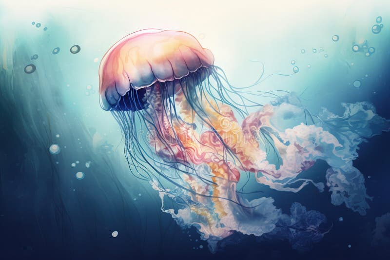 A Jellyfish Floating in the Water with Bubbles of Water Around it Stock ...