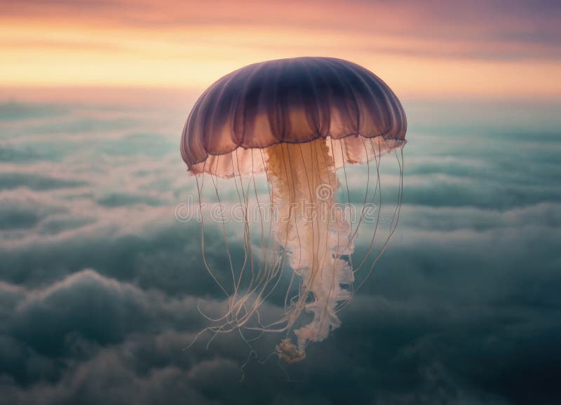 A Jellyfish Floats Above the Clouds at Sunset Stock Illustration - Illustration of extraordinary ...
