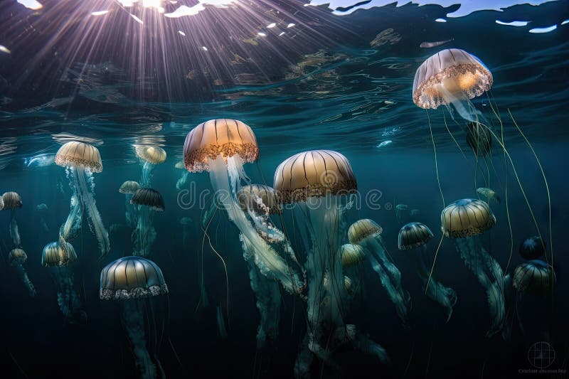 Jellyfish School Swimming in the Open Ocean Stock Illustration ...