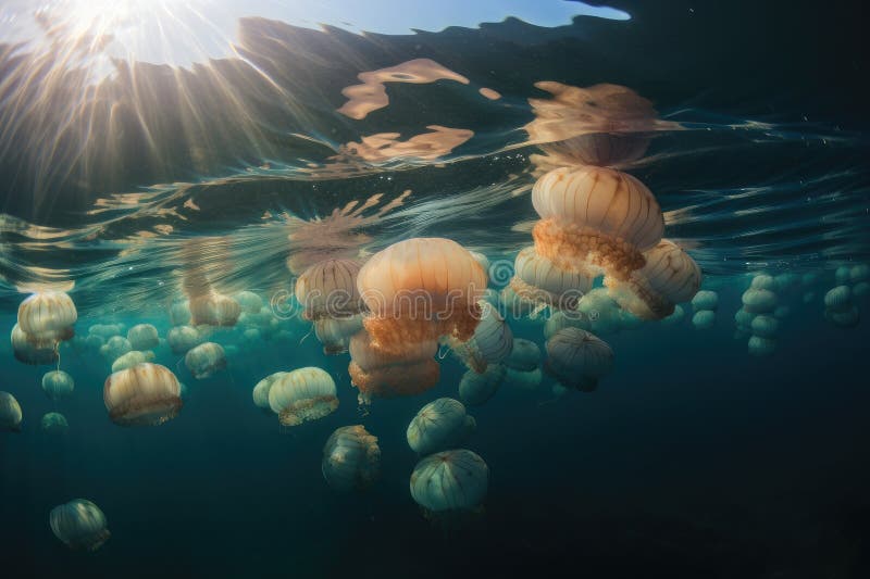 Jellyfish School Swimming in the Open Ocean Stock Photo - Image of ...