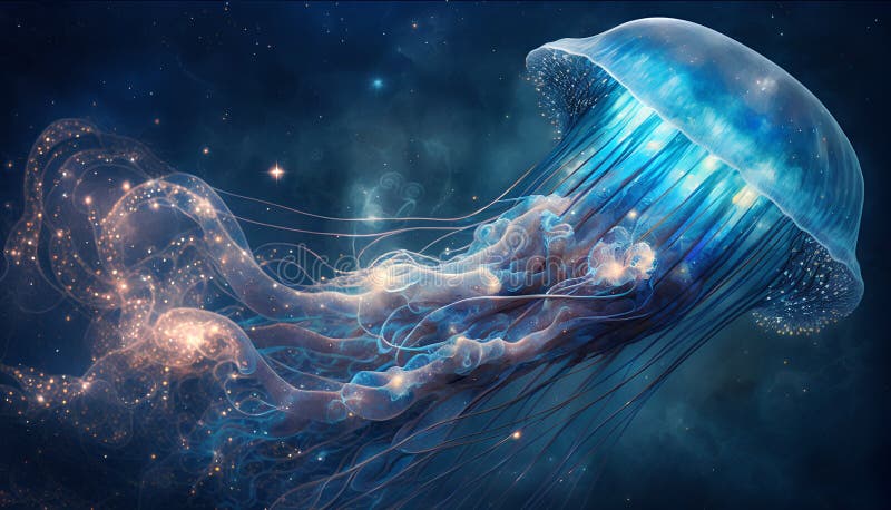 Jellyfish Swimming in the Outer Space, 3D Illustration. Stock ...